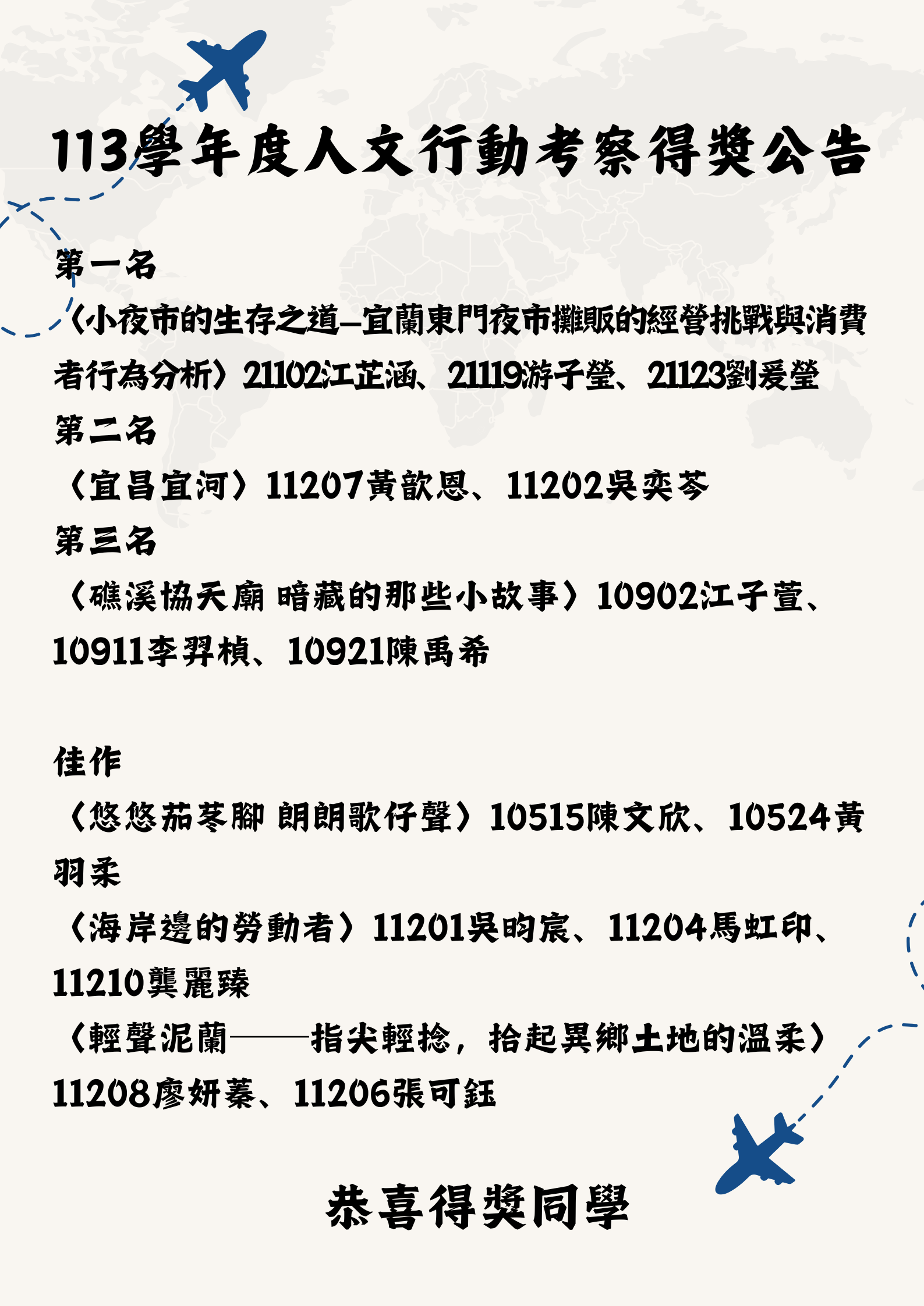 113學年度人文行動考察得獎公告